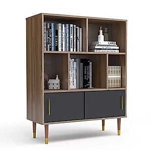Cube Bookshelf 3 Tier Mid-Century Modern Bookcase with Doors & Legs, Retro Wood Storage Organizer Shelf, Free Standing Open Book Shelves Rustic Brown Display Bookcases for Bedroom, Living Room, Office
