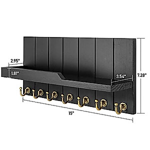 Rebee Vision Decorative Key and Mail Holder for Wall - Farmhouse 15 Inches Floating Shelf with 7 Sturdy Key Hooks for Home Entryway Wall Decor - Rustic Key Racks (Black)
