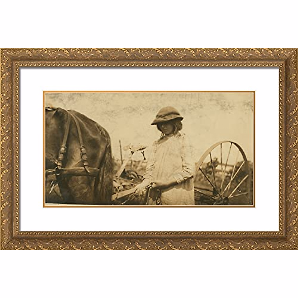 ArtDirect Hine, Lewis Wickes 24x17 Gold Ornate Framed Art Print with Double Matting Titled: Lucy Saunders Hitching the Team to the Horse Rake I