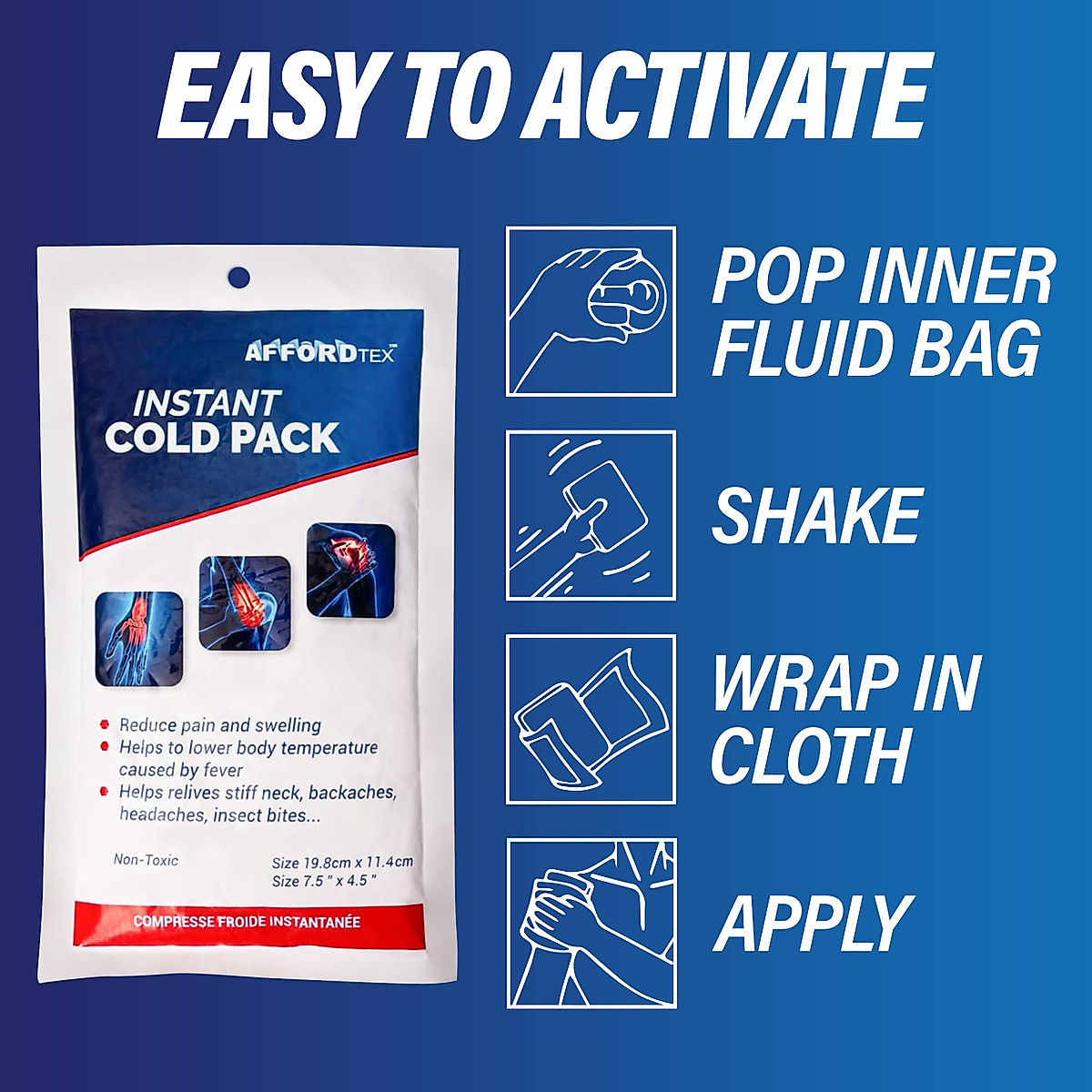 AFFORDTEX Instant Cold Pack –6 Count Disposable 7.5 x 4.5 Inches Ice Packs – Must Have Medical Supplies for Outdoor Activities – Ice Packs Ideal for Injuries, Inflammation, Sprains, Strains