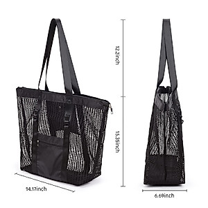 Tainehs Mesh Beach Tote Large Zipper Bag Shopping bags Grocery bag 2023 Upgrade for Women with Multiple Pockets for Family Shopping Travel Swimming Waterproof Pool Bag Black