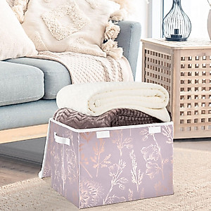 CaTaKu Large Fabric Storage Bins With Lids,Rose Gold Floral Storage Boxes With Handles for Organizing Clothes, Collapsible Storage Cube Bins Baskets for Shelves