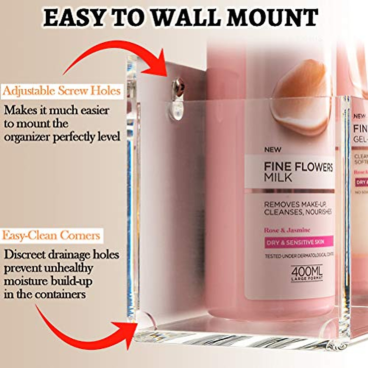 No-Drill Clear Acrylic Makeup Organizer Wall Mounted with Adhesive Stickers or Screws, 15” Clear Acrylic Bathroom Organizer Shelf