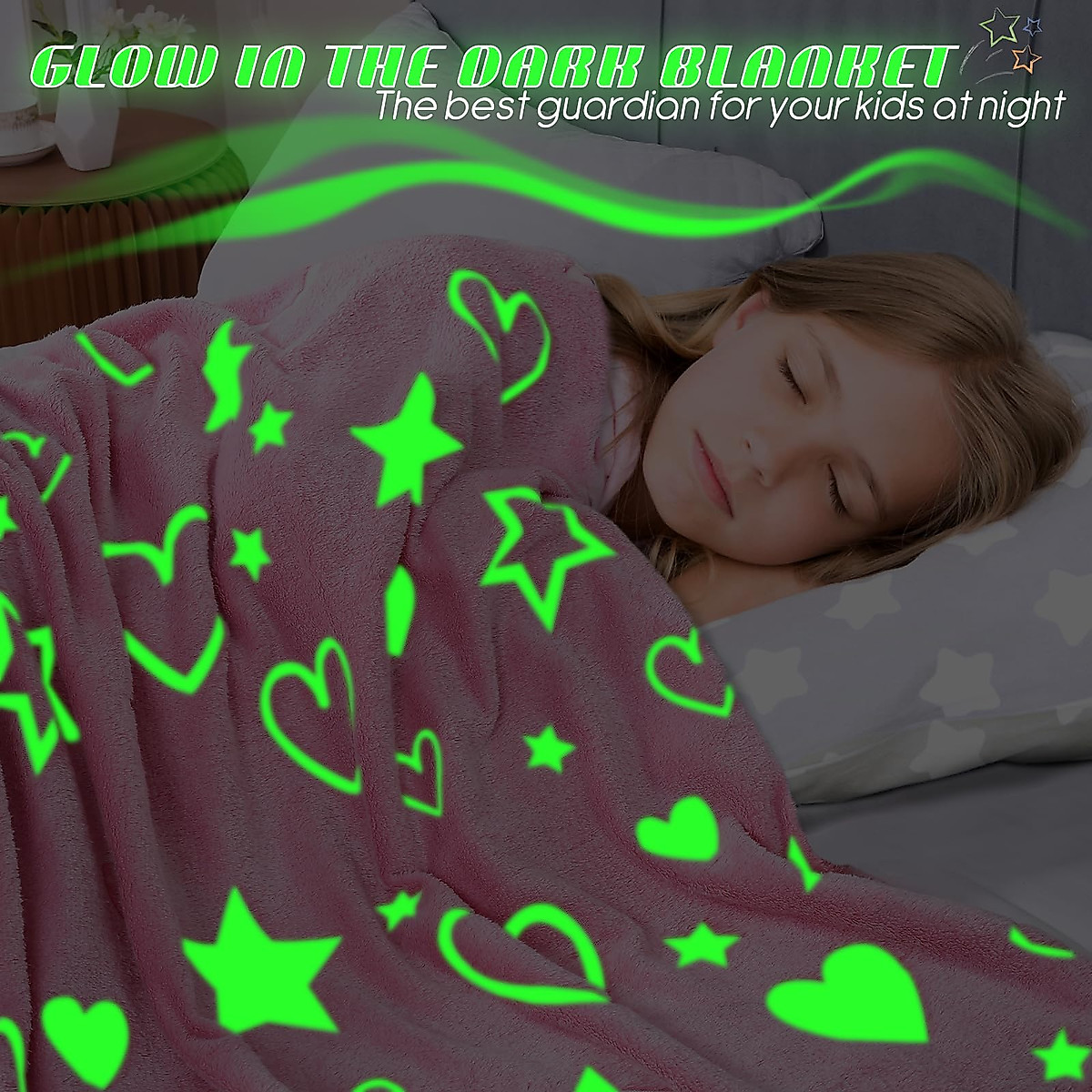 Cloele Glow in The Dark Heart Stars Blanket,Pink Throw Blanket Birthday Gift for 2 3 4 5 6 7 8 9 10 Year Old Kids Girls - Heart Flannel Throw Blanket Glowing Luminous Birthday Valentines Gifts,50"x60"