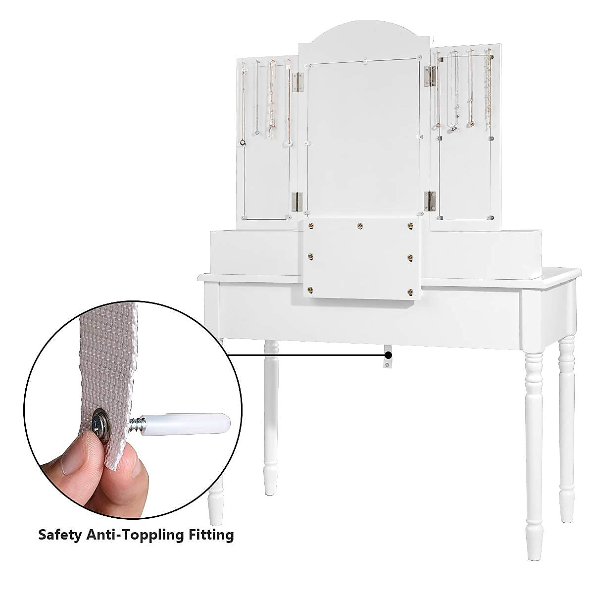 MAT EXPERT Vanity Desk Set with Mirror and 7 Drawers, Makeup Dressing Table w/Cushioned Stool, Dressing Table w/Partitioned Shelf, Modern Tri-Folding Mirror Vanities for Bedroom (White)