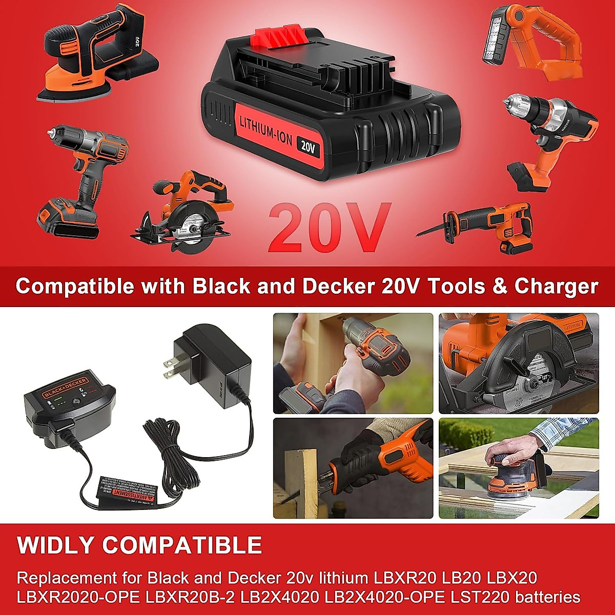 BATTOOL 2Pack 3800mAh 20V Replace for Black and Decker 20V Lithium Battery Compatible with Black & Decker 20V MAX Battery LBXR20 LB20 LBX20 Cordless Power Tools