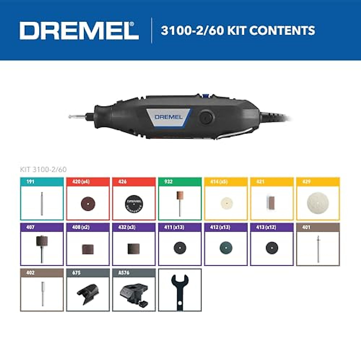 Dremel 3100-2/60 Variable Speed Rotary Tool Kit- 2 Attachments and 60 Accessories, Ideal for a Variety of Crafting and DIY Projects- Cutting, Sanding, Grinding, Polishing, Drilling, and Engraving