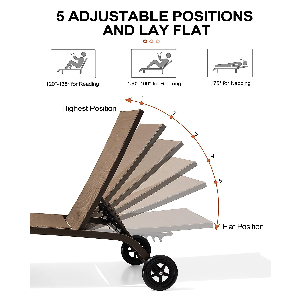 Crestlive Products Outdoor Chaise Lounge Chairs with Wheels Set of 3, Pool Lounge Chairs with 5 Adjustable Position for Patio, Poolside, Yard, Brown