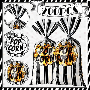 Ninehaoou 200 Pcs Movie Night Popcorn Bags for Party Carnival Popcorn Bags Movie Theme Party Decorations Black White Stripe Cookie Snack Bags with 200 Black Twist Ties for Movie Party Favors