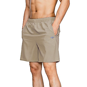 EXEKE Men's Quick Dry Running Shorts Lightweight Gym Workout Shorts with Zipper Pockets 252-3XL/Khaki 34-36