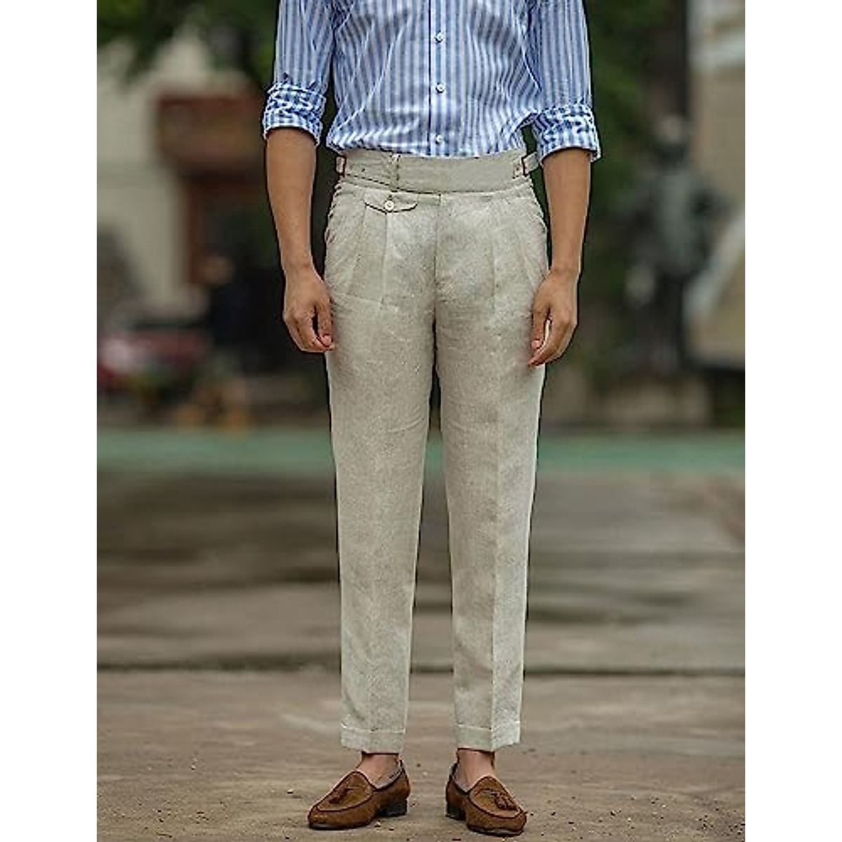 Snoly Men's Summer Retro Lightweight Linen Gurkha Trousers Tapered Leg Straight Flat Front Chino Pant (as1, Alpha, l, Regular, Regular, Beige, Regular)
