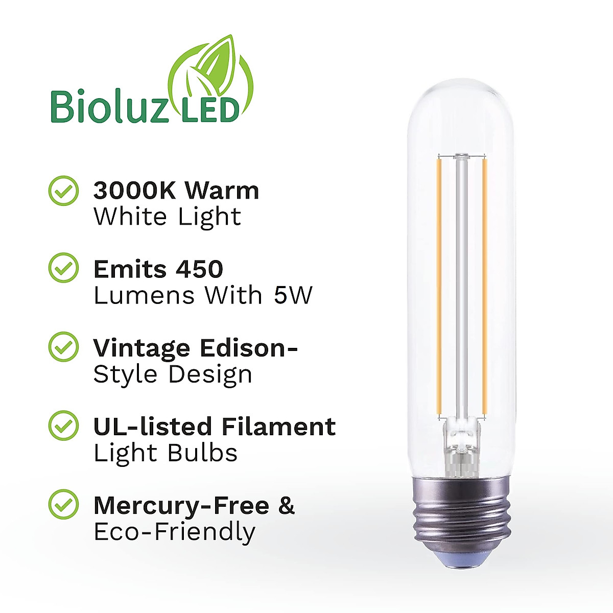 Bioluz LED 94 CRI T10 LED Bulb 40W (Uses only 5W) E26 Base Filament Bulb Soft White 3000K T10 LED Edison Bulb Works with Dimmable or Non-Dimmable UL-Listed Title 20 High Efficacy Lighting 6-Pack