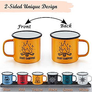 E-far Enamel Camping Mug Set of 6, 16 Ounce Metal Enamel Coffee Tea Cups for Outdoor Camping Hiking Backpacking Kids, 2-Sided Unique Graphic Design & Large Size - Colourful