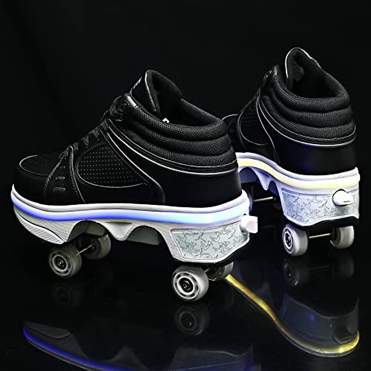 KOFUBOKE LED Deformation Roller Skate Shoes Double-Row Walking Shoes with Invisible Wheels 2 in 1 Removable Pulley Parkour Skating (Black, 3.5)