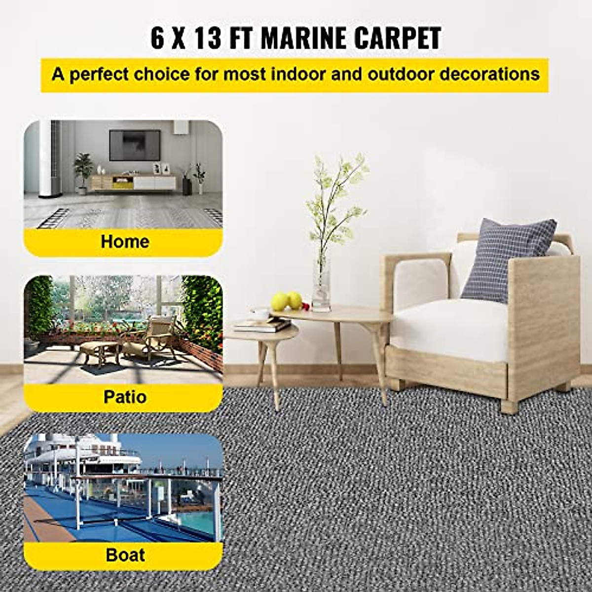 Happybuy Gray Marine Carpet 6 ft x 13.1 ft Boat Carpet Rugs Indoor Outdoor Rugs for Patio Deck Anti-Slide TPR Water-Proof Back Cut Outdoor Marine Carpeting Easy Clean Outdoor Carpet Roll