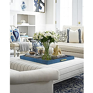 HofferRuffer Extra Large Square Serving Tray, Elegant Faux Leather Ottoman Tray with Gold Hardware Handles, Serve Tea, Coffee or Breakfast in Bed, 24 x 24 inches (Navy Blue Shagreen)