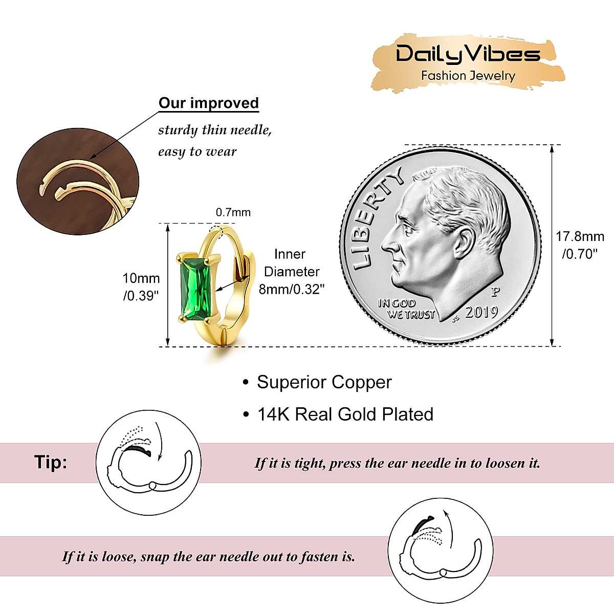 Small Gold Hoop Earrings for Women 14K Gold Plated Hoops Tiny Hypoallergenic Cubic Zirconia Cartilage Gold Huggie Hoop Earrings for Women (Green)