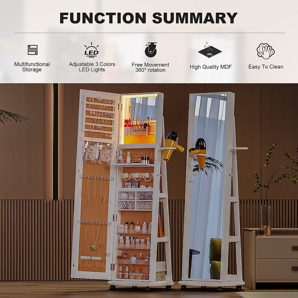 HNEBC 360° Swivel Jewelry Armoire with Mirror, LED Mirror Jewelry Cabinet Standing, Full Length Mirror with Jewelry Storage, Standing Jewelry Organizer/Lockable Wheels/Foldable Makeup Shelf (White)