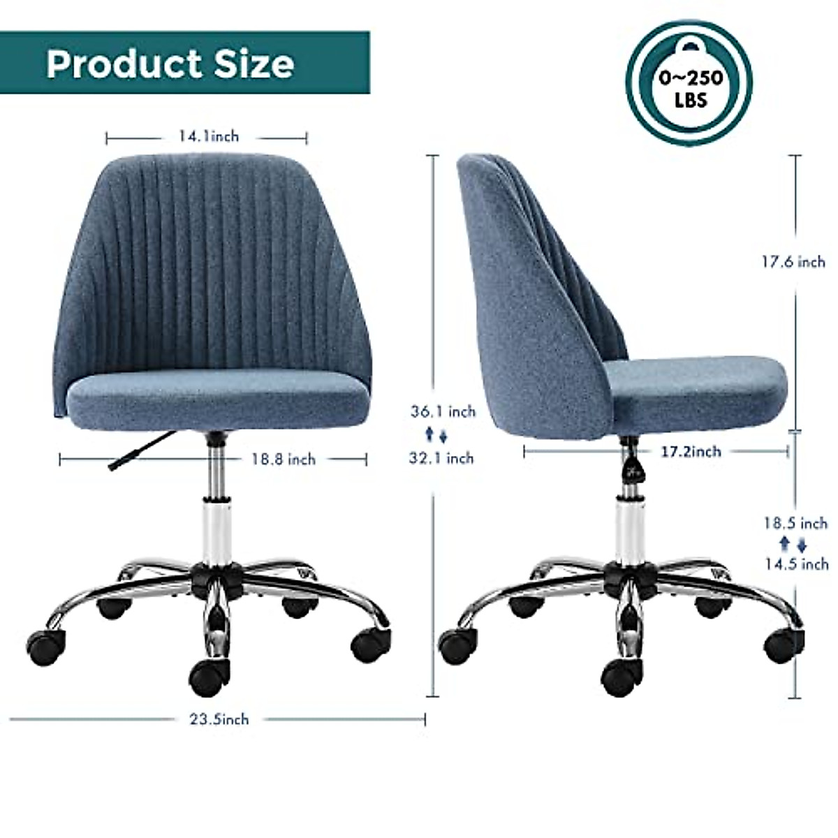 SMUG Home Office Desk Chair, Office Chairs Desk Chair Rolling Task Chair Computer Chair Adjustable with Wheels Armless for Bedroom, Vanity Chair for Makeup Room, Living Room Blue