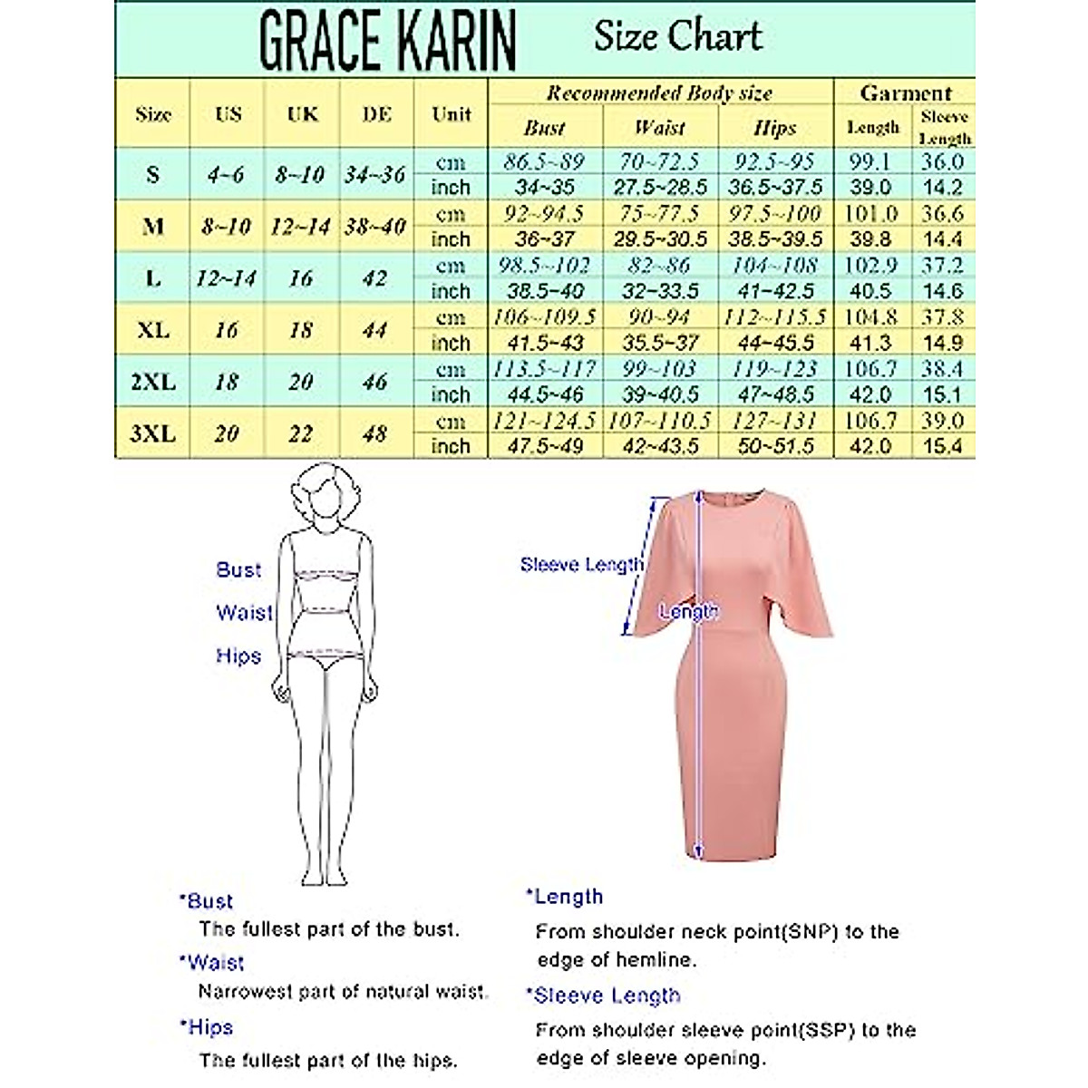 GRACE KARIN Women Fitted Elegant Formal Cocktail Party Pencil Midi Dress XL Pink