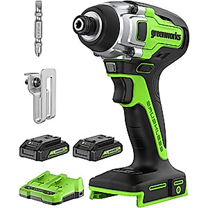 Greenworks 24V Brushless Cordless Impact Driver Kit, 2650 in./lbs Torque 1/4-inch Hex, Variable Speed Impact Drill/Driver Set, Included Power Bank, Bits and Tool Bag