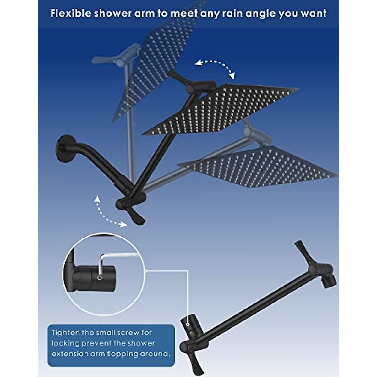 12'' Rain Shower Head with 11'' Adjustable Extension Arm - Eolax Large Rainfall Showerhead Solve Low Water Pressure and Flow - Bathroom Square Shower Heads Made of 304 Stainless Steel - Black