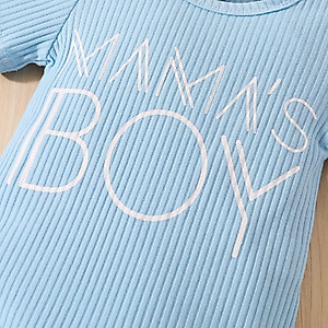 Newborn Infant Baby Boy Clothes Mamas Boy Ribbed Knitted Cotton Romper Dinosour Short Summer Outfits Set (Blue-short, 0-3 Months)