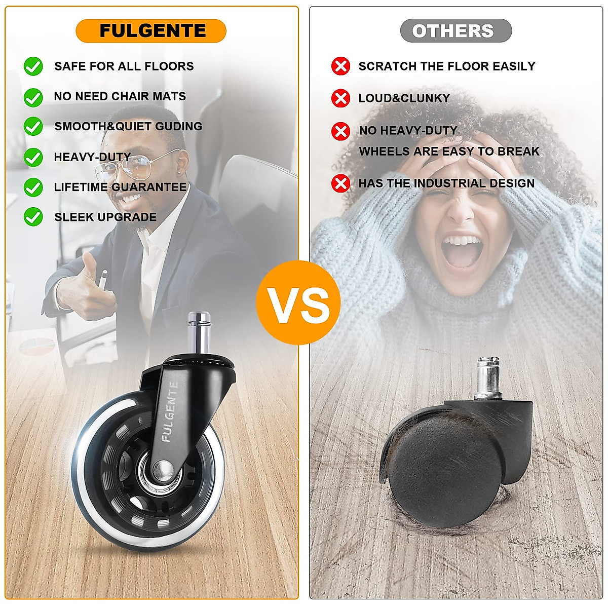 Fulgente Office Chair Caster Wheels(Set of 5), Heavy Duty Protection for Hardwood & Tile Floors Without Mat, Replacement Rubber Chair Casters Universal Fit 7/16 inch -Quick & Quiet Rolling Over Cables