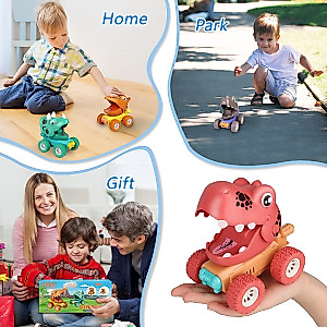 Obbay Dinosaur Toys for 2 Year Old Boy-Dinosaur Toy Cars for 5 Year Old Boys 4 Pack Set Car Toys for 3 Year Old Boys Christmas Birthday Gifts for Toddlers 2 3 4 5 Year Old Boys Girls