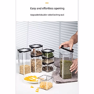 JAGF Airtight Food Storage Container - 5 Pce Set - Seal Stackable Plastic Canister Jar - Clear Plastic - Kitchen Cupboard Pantry Organizer, Spice, Pasta, Snack, Candy, Bean - For gift.