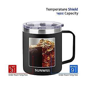SUNWILL Coffee Mug with Handle, 14oz Insulated Stainless Steel Reusable Coffee Cup, Double Wall Coffee Travel Mug, Powder Coated Black