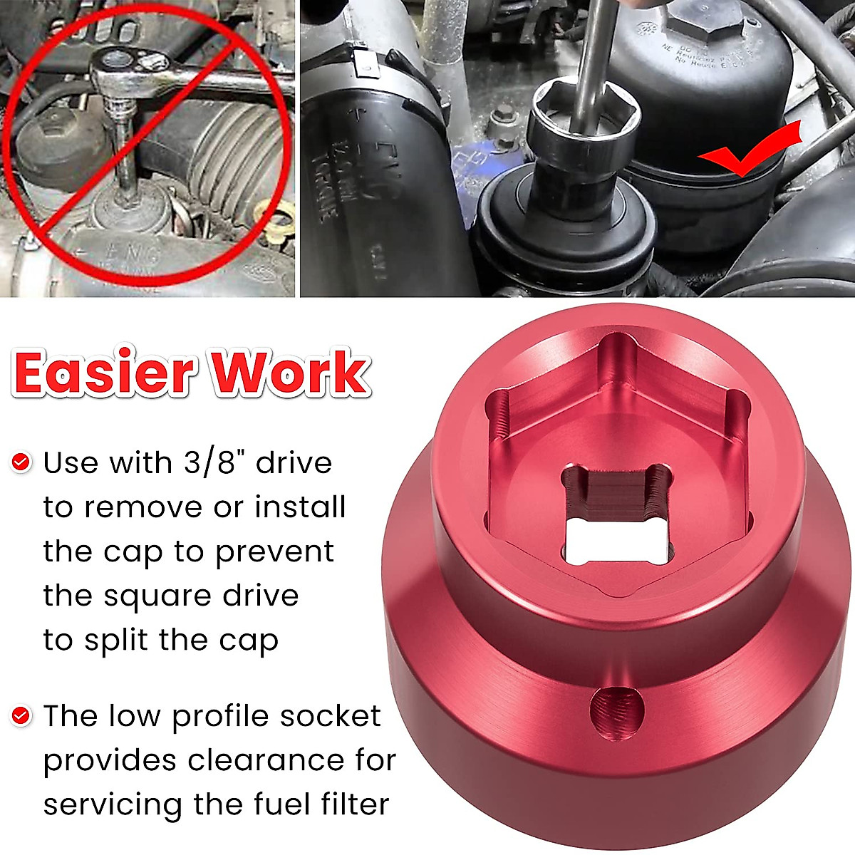 Fuel Filter/Oil Filter Socket 24mm / 36mm Reversible Fuel Filter Cap Remover and Installer Assistant for 2003-2010 6.0L / 6.4L Ford Powerstroke Diesel (Red)
