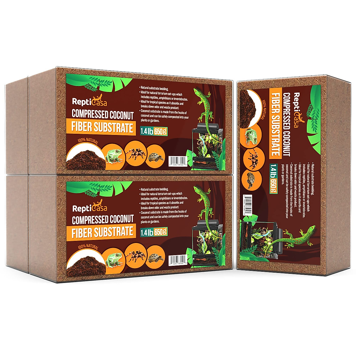 ReptiCasa Compressed Coconut Fiber Substrate, 1.4 lb. Bricks, Natural Husk Terrarium Bedding, Reptiles, Frogs, Snakes, or Tortoise, Odor and Waste Absorbent Compostable, 5 Pack
