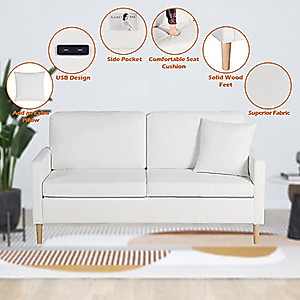 AILEEKISS 66" W Loveseat Sofa with 2 USB Mid Century Modern Love Seats PU Leather Furniture Tufted Upholstered Love Seat Couch for Living Room Office Apartment Bedroom (White)