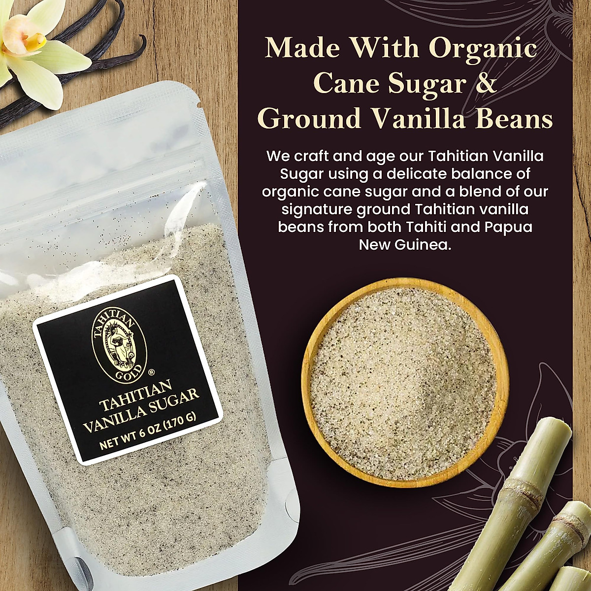 Tahitian Gold, Premium Tahitian Vanilla Sugar [Pack of 2], Tahitian Ground Vanilla Beans Aged in Organic Cane Sugar, Perfect for Coffee, Tea, Baking, Margarita Rim, and More (6 oz Pouch, 2 Pack)