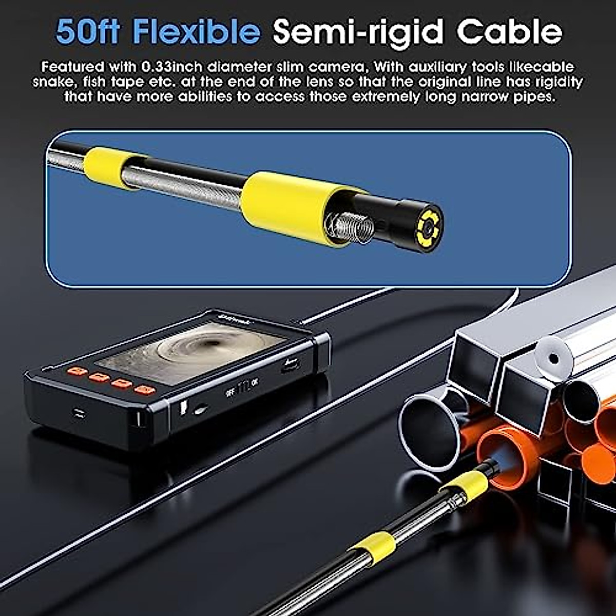 50FT Endoscope Inspection Camera, Oiiwak Borescope Camera for Pipe Sewer Drain Plumbing Inspection 1080P HD 4.3“ IPS Screen Waterproof IP67 Bore Scope Snake Camera with 6 LED Lights(15m Cable)