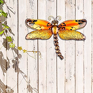 John's Studio Metal Dragonfly Wall Decor Glass Outdoor Garden Fence Art, Iron Sculpture Hanging Decoration for Home, Living Room, Bedroom, Yard, Patio, Porch