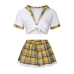 Zzalalana Sexy Cosplay Lingerie for Women Sex Naughty Kawaii Maid School Girl Cat Girl Bunny Roleplay Outfit Sheer Mesh Sluttly Babydoll Bodysuit Christmas Bow Santa Lingerie 259 Yellow