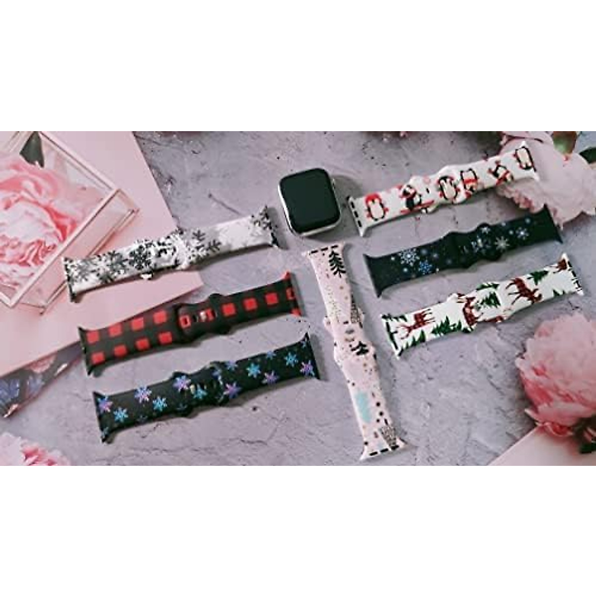 Christmas Tree Pink Background Watch Band Compatible with Apple Watch 38mm 40mm 41mm, Xmas Iwatch Bands Wristbands Soft Silicone Strap Adjustable Replacement Accessories for Series 8/7/6/SE Women Men