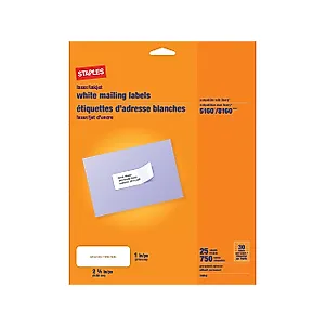 White Mailing Labels for Laser & Inkjet Printers, 1" x 2-5/8", 750/Box
