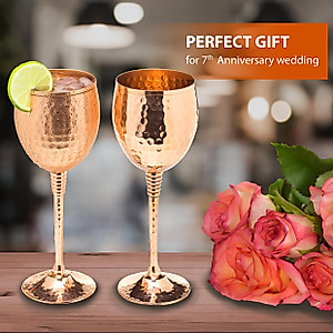Copper wine glasses set of 2 – 11oz gleaming 100% solid hammered copper wine cups on brass copper plated stems – a gift for men and women – great glasses for red or white wine and Moscow mules