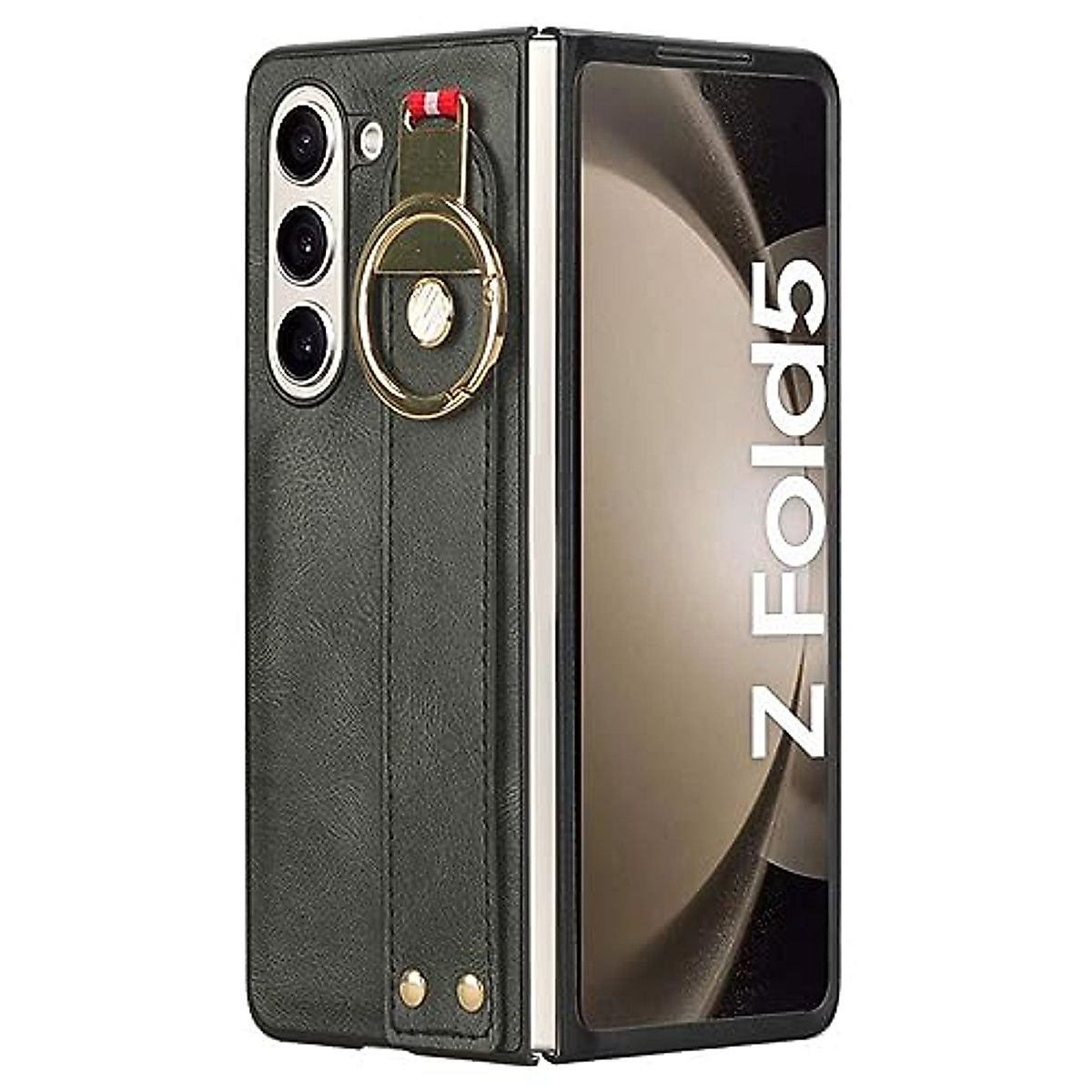 lefeda Leather Case for Samsung Galaxy Z Fold 5, Slim Case with Ring and Neck Lanyard Soft Anti-Scratch Microfiber Lining,Green