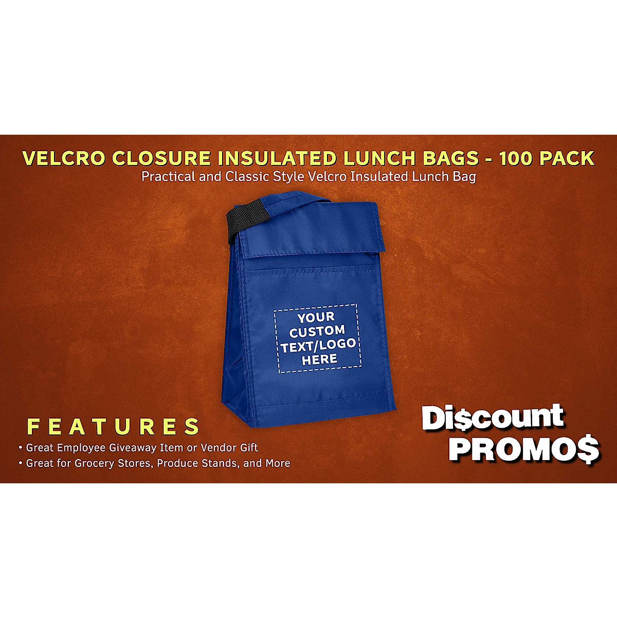 DISCOUNT PROMOS 100 Hook and Loop Insulated Lunch Bags Set - Customizable Text, Logo - Polyester, Durable, Vibrant, Reusable - Blue
