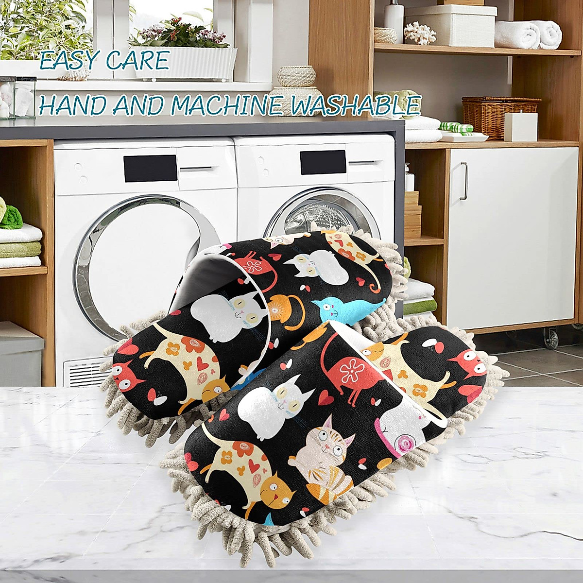Colored Cats Mop Slippers Shoes Cover for Floor Cleaning Washable Dirty Hair Dust Cleaners Microfiber Mop Socks for Office Kitchen House