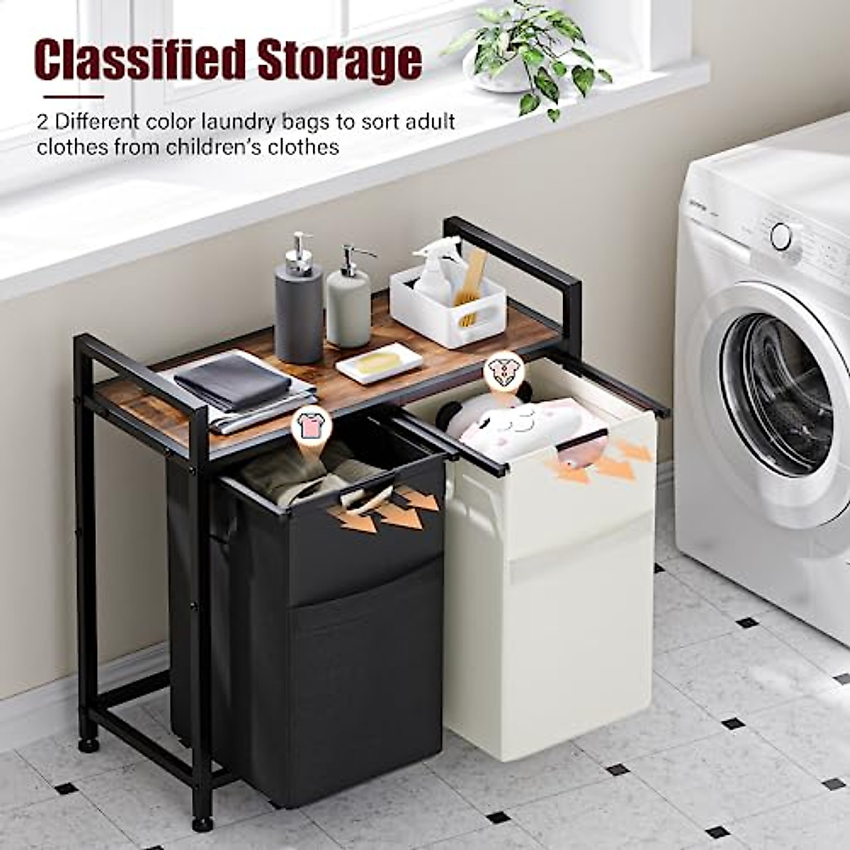 Aowos Laundry Basket, 112L Large Double Laundry Hamper, Freestanding Laundry Sorter Organizer 2 Section with Top Shelf & 2 Removable Washable Bags & Side Pockets for Dorm, Rustic Brown and Black