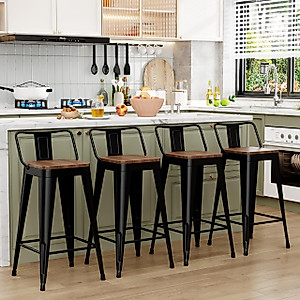 WENTMENT Metal Bar Stools Set of 4 Counter Height Bar Stools Barstools with Removable Back 24" Kitchen Bar Stools with Wooden Seat, Black