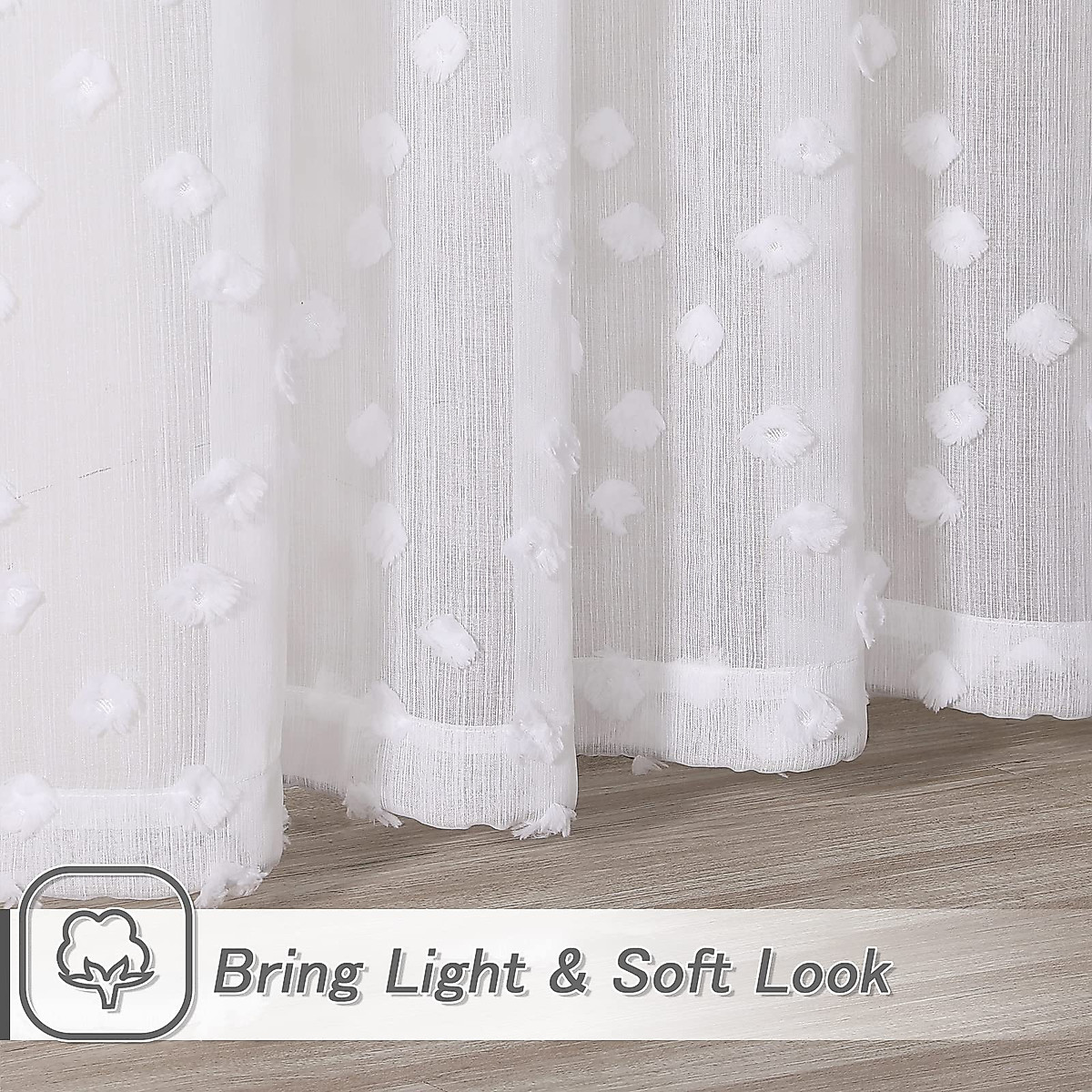 MYSKY HOME Pom Pom White Sheer Curtains for Bedroom Living Room Light Filtering Semi-Sheer Curtains for Nursery Girls Kids Room Rod Pocket Boho Voile Draperies White 52 x 63 inch 2 Panels