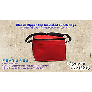 DISCOUNT PROMOS 10 Zipper Top Insulated Lunch Bags Set - Non Woven, Vibrant, Black Strap - Red