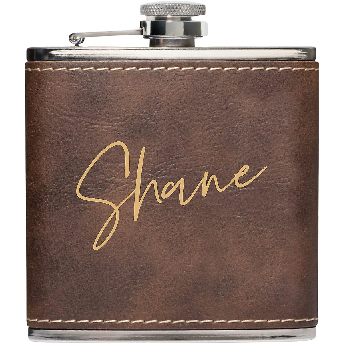 Personalized Flask For Wedding Gift. Customized Flask Gift Set. Engraved Leatherette Flask With Optional Gift Box For Groomsmen Gifts. Engraved Flask (Rustic & Gold)