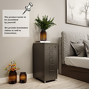 Mobile Storage Cabinet with 5 Drawers, Thickened Metal Storage Cabinet with Casters and Lock, Small Classification Storage Cabinet for Home Office and School, Black…